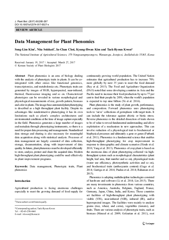 (PDF) Data management for plant phenomics