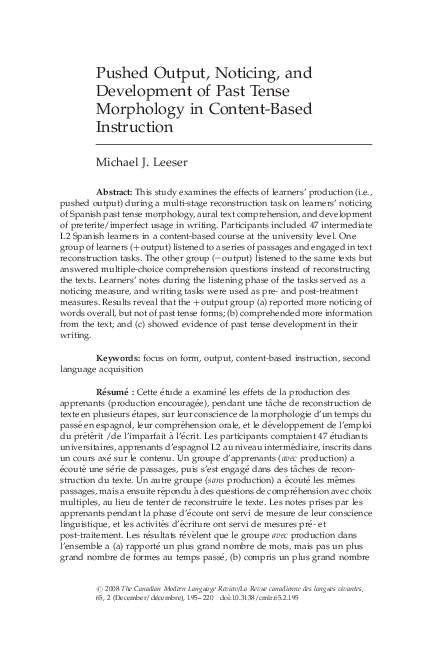 (PDF) Pushed Output, Noticing, and Development of Past Tense Morphology in Content-Based Instruction
