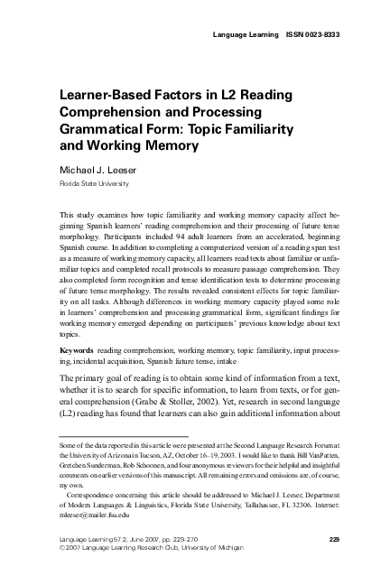 (PDF) Learner-Based Factors in L2 Reading Comprehension and Processing Grammatical Form: Topic ...