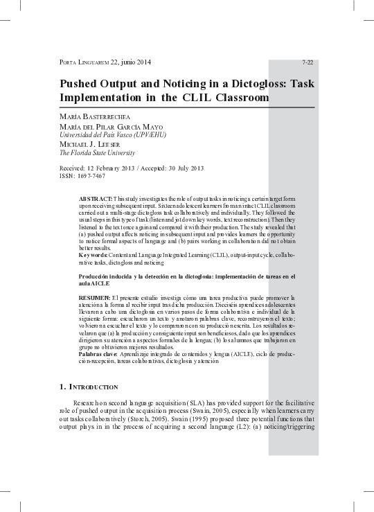 (PDF) Pushed Output and Noticing in a Dictogloss: Task Implementation in the CLIL Classroom