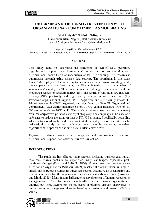 (PDF) Determinants Of Turnover Intention With Organizational Commitment As Moderating