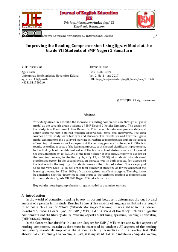 (PDF) Improving the Reading Comprehension Using Jigsaw Model at the Grade VII Students of SMP ...