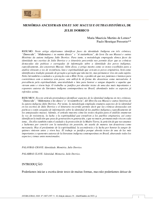 (PDF) Memórias Ancestrais Em Eu Sou Macuxi e Outras Histórias, De Julie ...