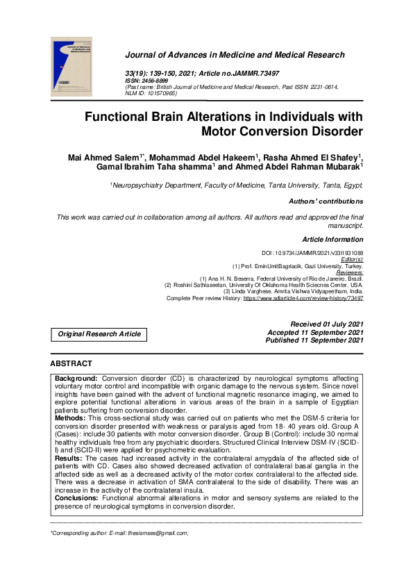 (PDF) Functional Brain Alterations in Individuals with Motor Conversion Disorder