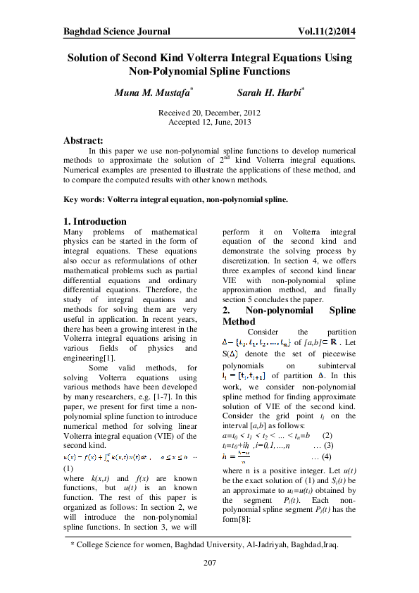 (PDF) Solution of Second Kind Volterra Integral Equations Using Non-Polynomial Spline Functions