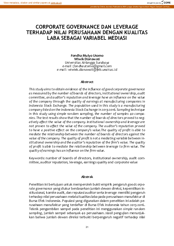 (PDF) Corporate Governance Dan Leverage Terhadap Nilai Perusahaan Dengan Kualitas Laba Sebagai ...