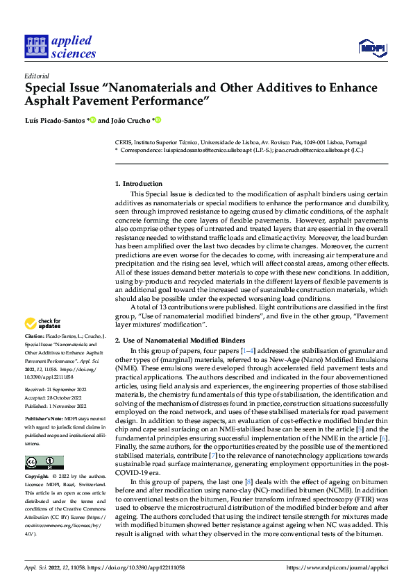 (PDF) Special Issue “Nanomaterials and Other Additives to Enhance Asphalt Pavement Performance”