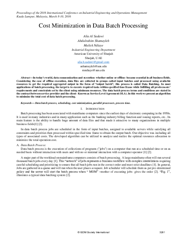 (PDF) Cost Minimization in Data Batch Processing | Malick Ndiaye - Academia.edu