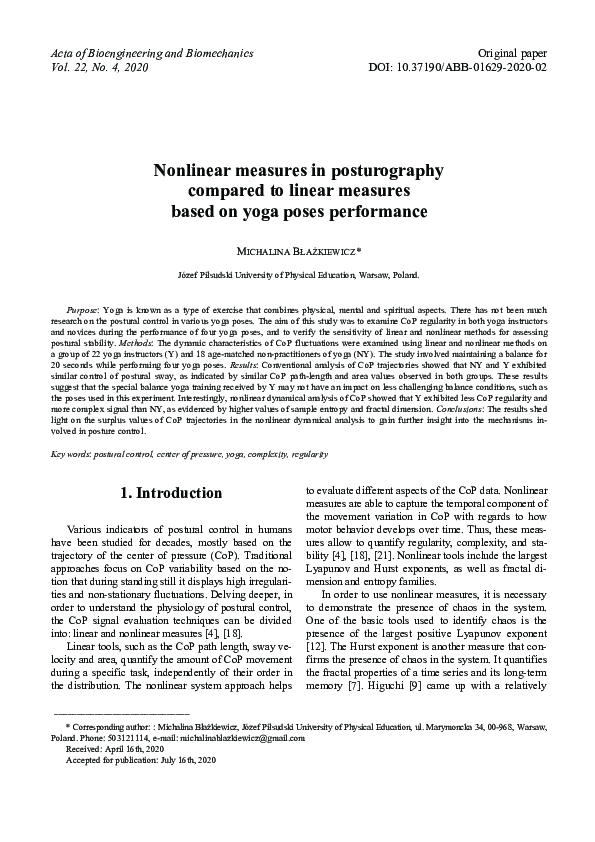 (PDF) Nonlinear measures in posturography compared to linear measures ...