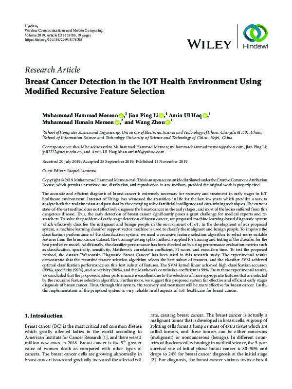 (PDF) Breast Cancer Detection in the IOT Health Environment Using Modified Recursive Feature ...
