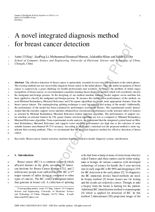 (PDF) A novel integrated diagnosis method for breast cancer detection