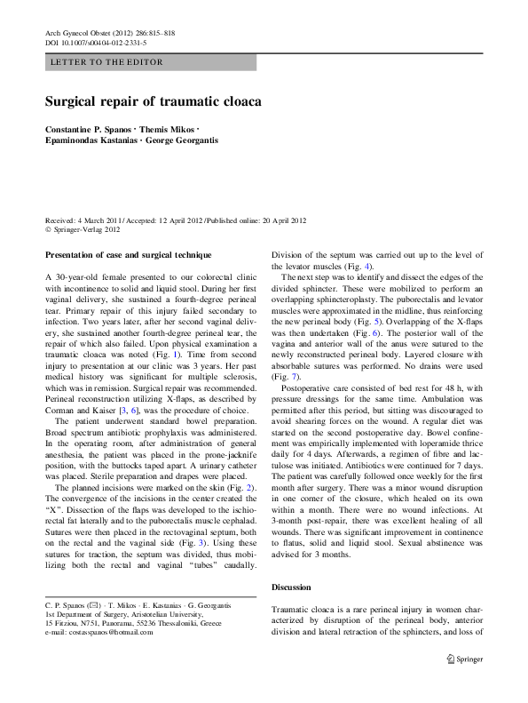(PDF) Surgical repair of traumatic cloaca