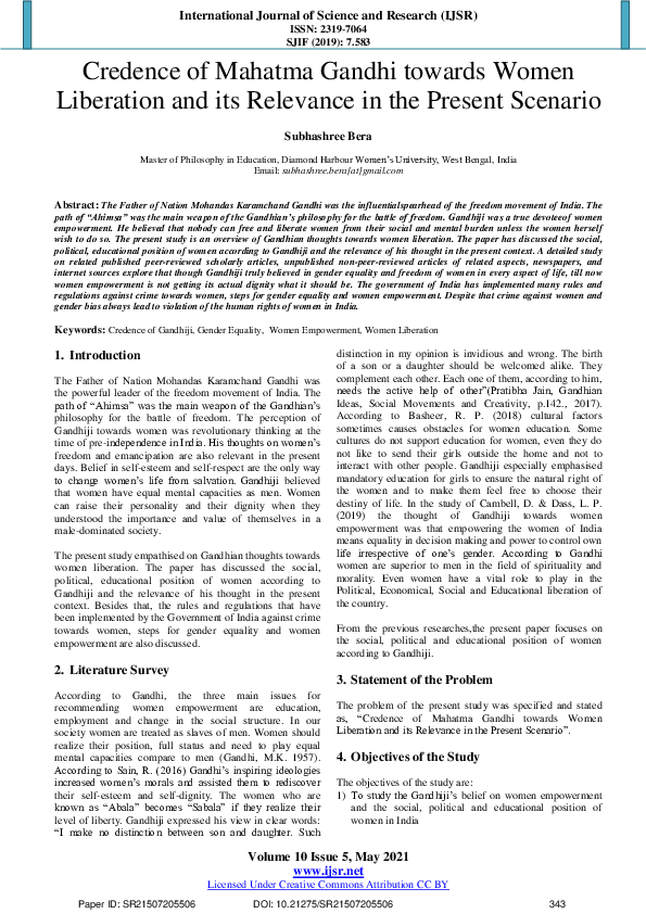 (PDF) Credence of Mahatma Gandhi towards Women Liberation and its ...