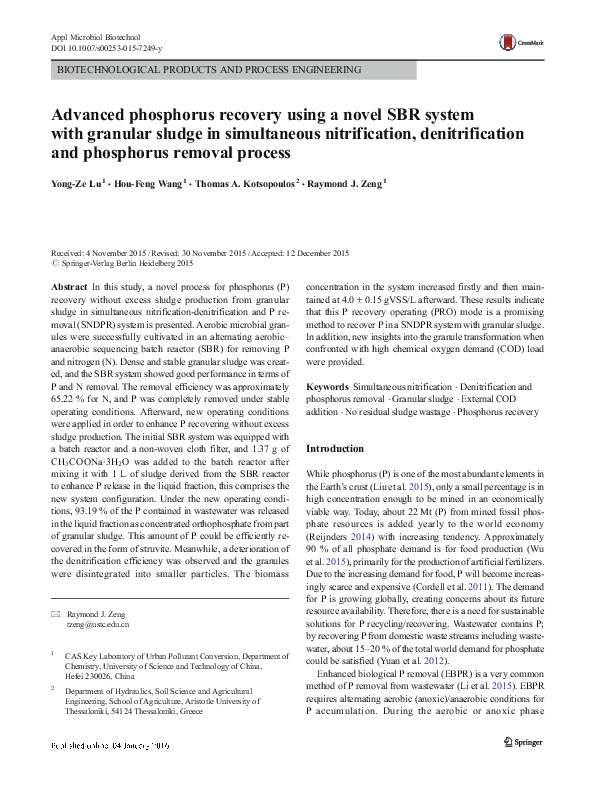 (PDF) Advanced phosphorus recovery using a novel SBR system with ...