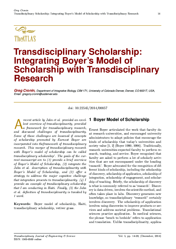 (PDF) Transdisciplinary Scholarship: Integrating Boyer’s Model of ...