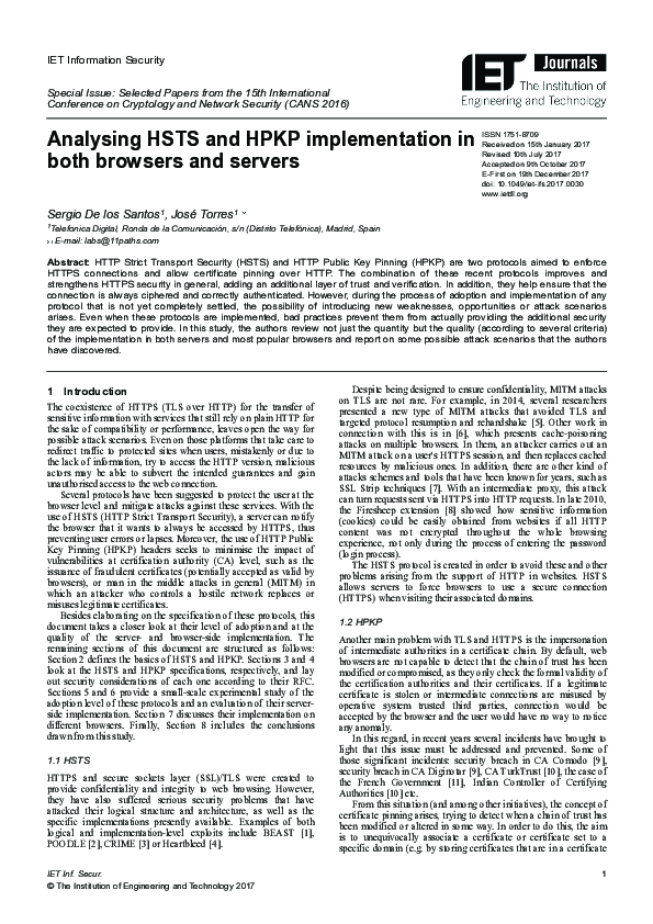 (PDF) Analysing HSTS and HPKP implementation in both browsers and servers