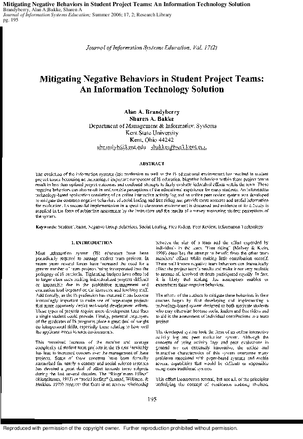 (PDF) Mitigating negative behaviors in student project teams: An ...