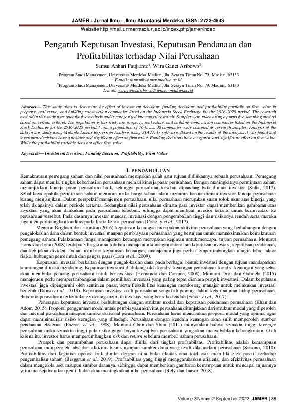 (PDF) Pengaruh Keputusan Investasi, Keputusan Pendanaan dan Profitabilitas terhadap Nilai Perusahaan