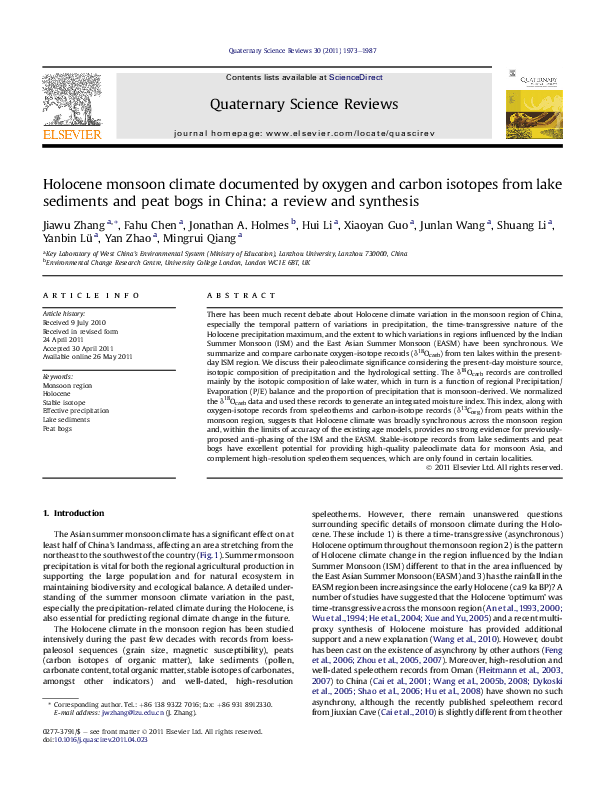 (PDF) Holocene monsoon climate documented by oxygen and carbon isotopes from lake sediments and ...
