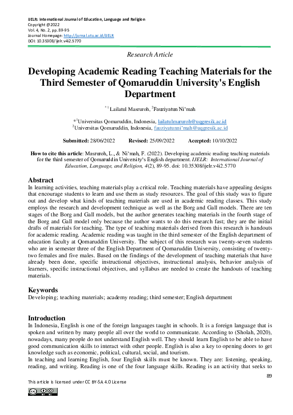 (PDF) Developing Teaching Materials of Academic Reading for Third Semester of English Department ...