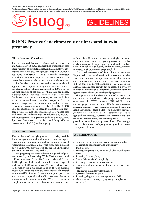 (PDF) ISUOG Practice Guidelines: The Role of Ultrasound in Twin Pregnancy