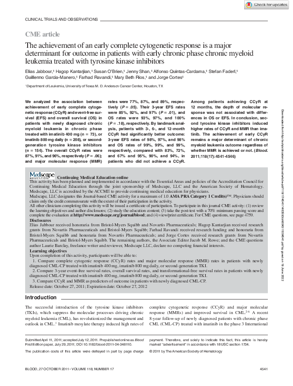 (PDF) The achievement of an early complete cytogenetic response is a major determinant for ...
