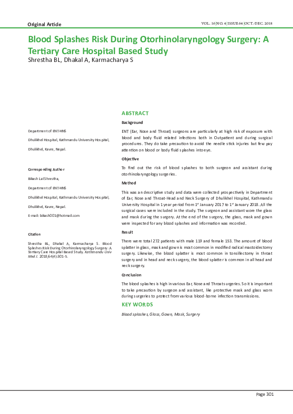 (PDF) Blood Splashes Risk During Otorhinolaryngology Surgery: A ...