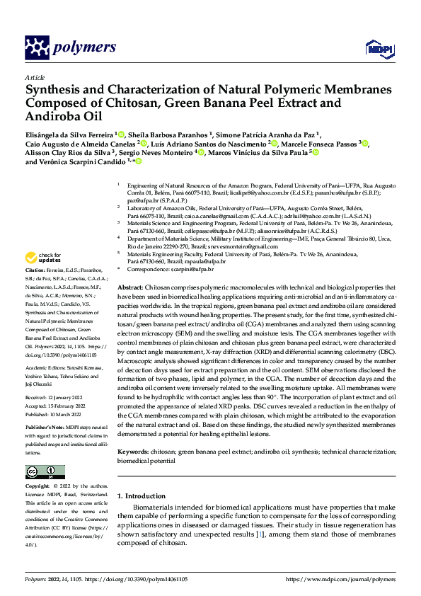 (PDF) Synthesis and Characterization of Natural Polymeric Membranes Composed of Chitosan, Green ...
