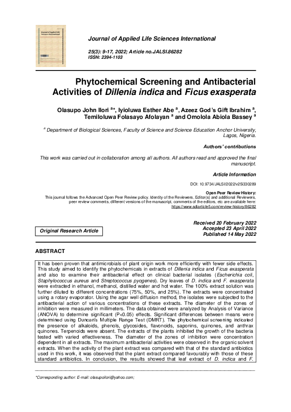(PDF) Phytochemical Screening and Antibacterial Activities of Dillenia indica and Ficus exasperata