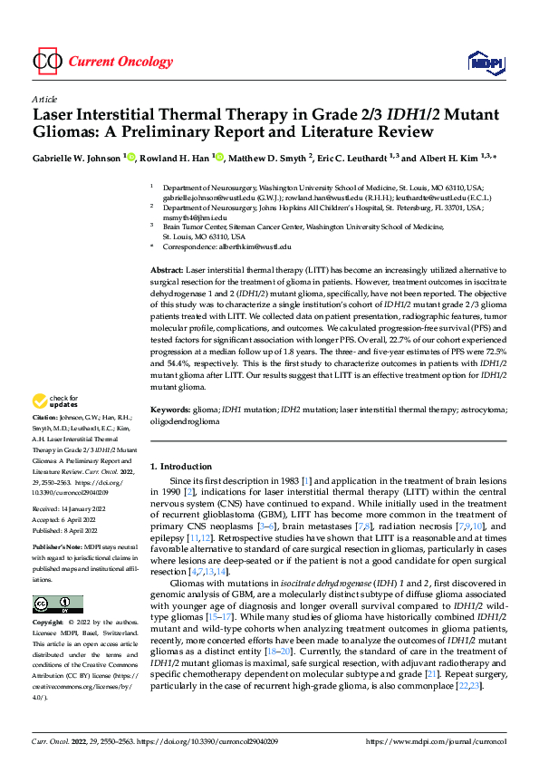 (PDF) LITT Outcomes in IDH1/2 Mutant Gliomas