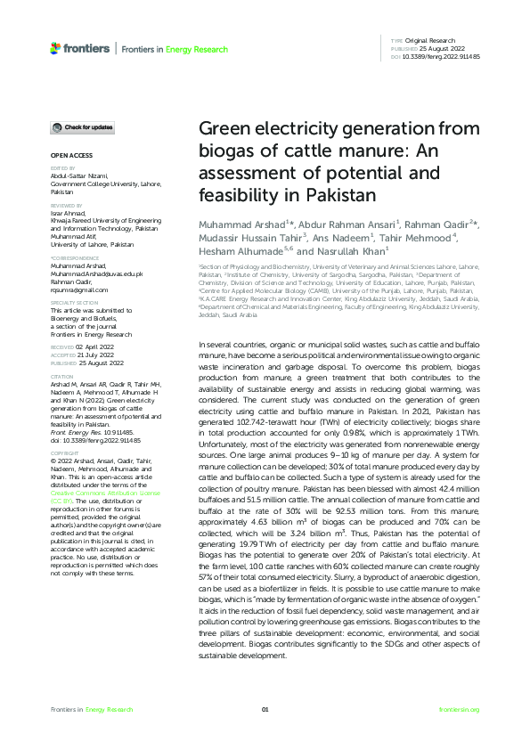 (PDF) Green electricity generation from biogas of cattle manure: An ...