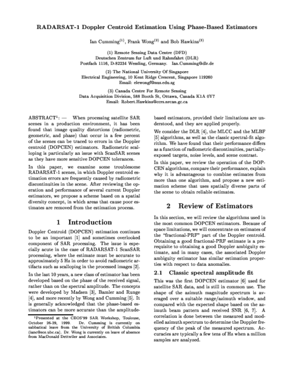 (PDF) RADARSAT Doppler Centroid Estimation Using Phase-Based Estimators