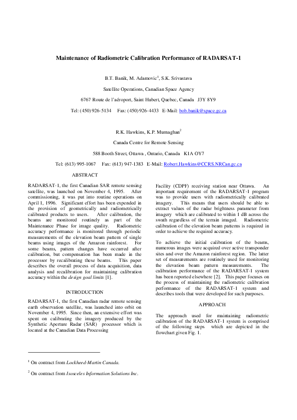 Pdf Maintenance Of Radiometric Calibration Performance Of Radarsat 1