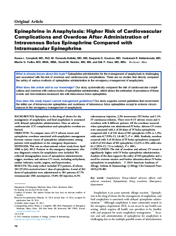 (PDF) Epinephrine in Anaphylaxis: Higher Risk of Cardiovascular Complications and Overdose After ...