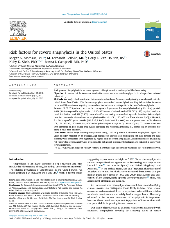 (PDF) Risk factors for severe anaphylaxis in the United States