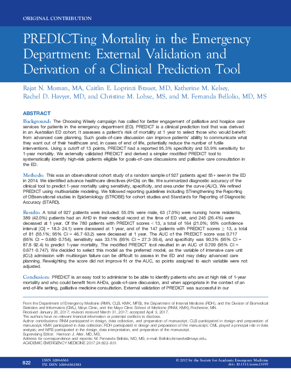 Pdf Predicting Mortality In The Emergency Department External