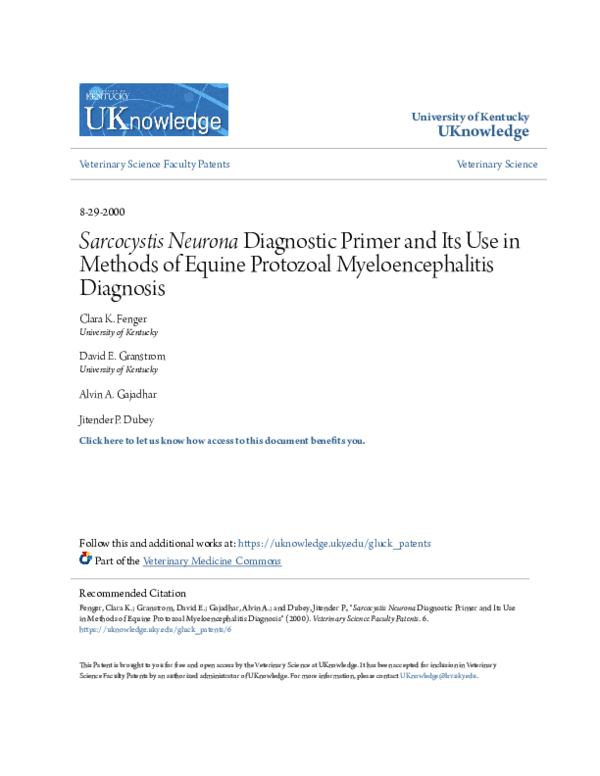 (PDF) UKnowledge Sarcocystis Neurona Diagnostic Primer and Its Use in ...
