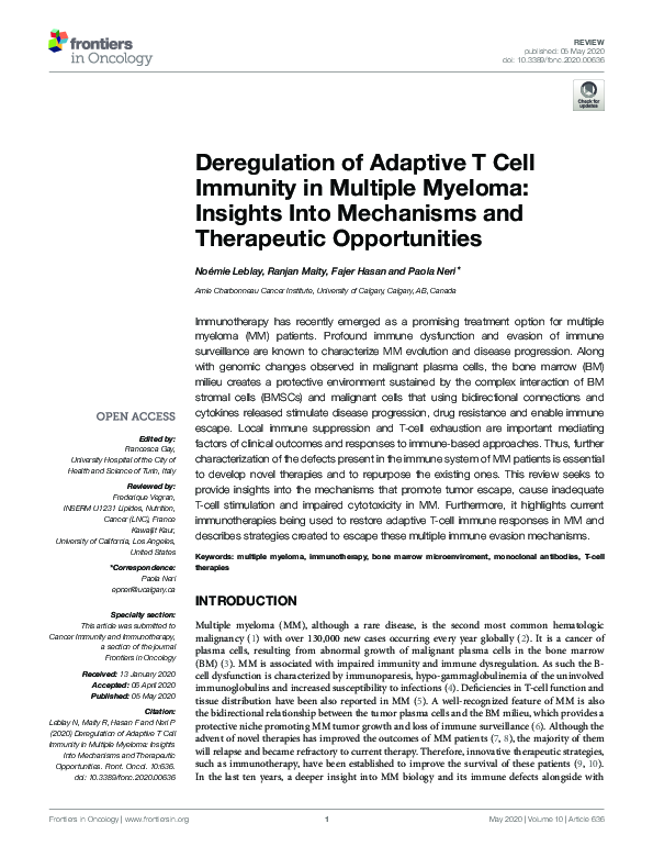 (PDF) Deregulation of Adaptive T Cell Immunity in Multiple Myeloma: Insights Into Mechanisms and ...