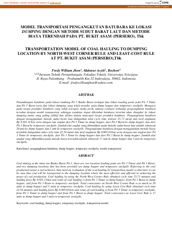 (PDF) MODEL TRANSPORTASI PENGANGKUTAN BATUBARA KE LOKASI DUMPING DENGAN ...