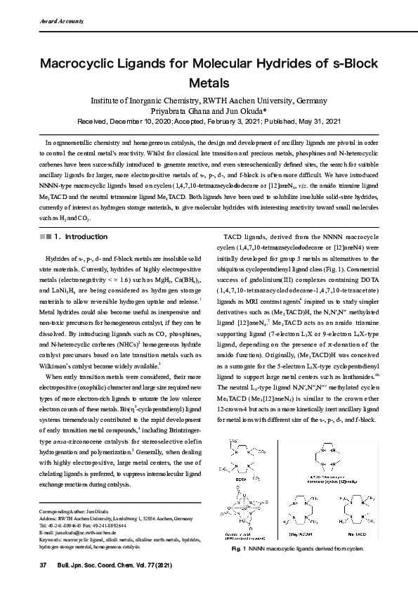 (PDF) Macrocyclic Ligands for Molecular Hydrides of s-Block Metals