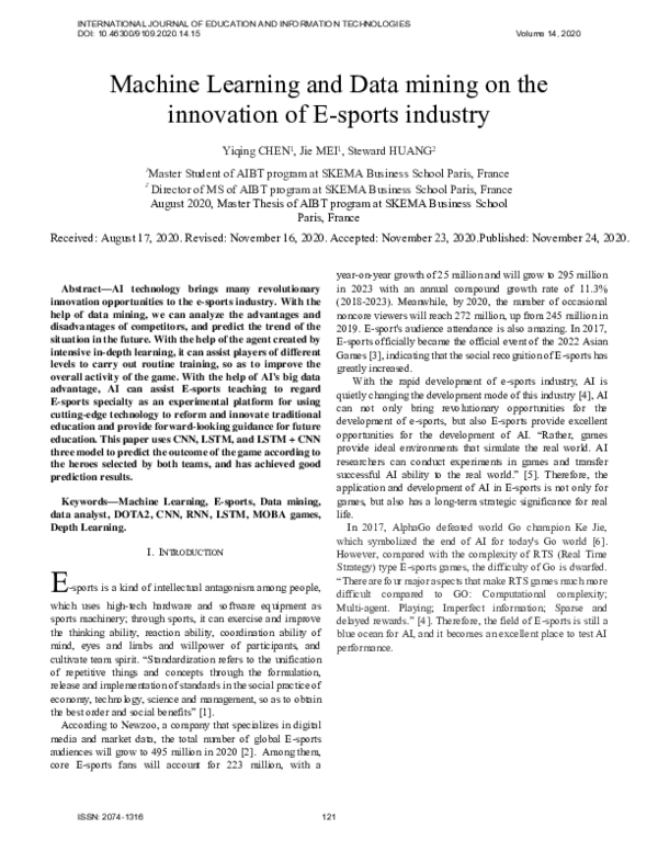 (PDF) Machine Learning and Data mining on the innovation of E-sports ...
