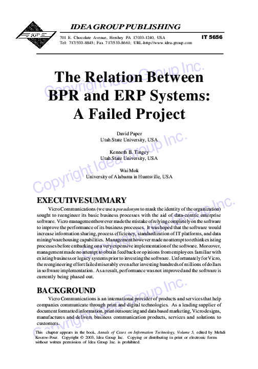 Pdf The Relationship Between Bpr And Erp Systems
