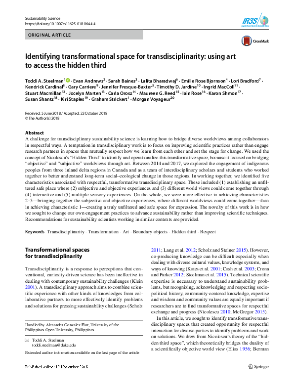 (PDF) Identifying transformational space for transdisciplinarity: using art to access the hidden ...