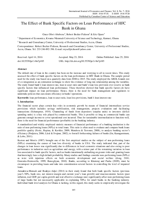 (PDF) The Effect of Bank Specific Factors on Loan Performance of HFC ...