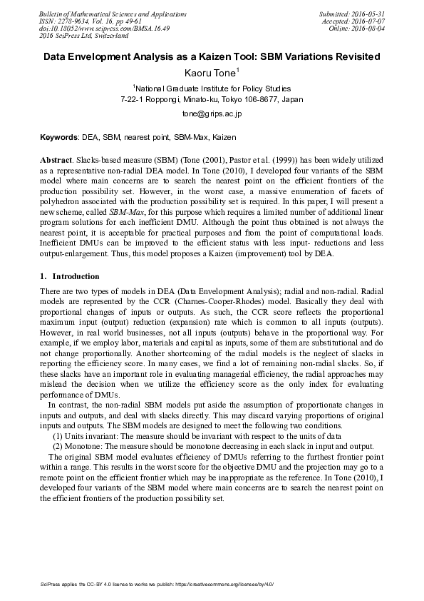 (PDF) Data Envelopment Analysis as a Kaizen Tool: SBM Variations Revisited