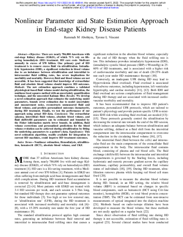 (PDF) Nonlinear Parameter and State Estimation Approach in End-stage Kidney Disease Patients