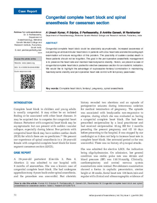 (PDF) Congenital complete heart block and spinal anaesthesia for ...