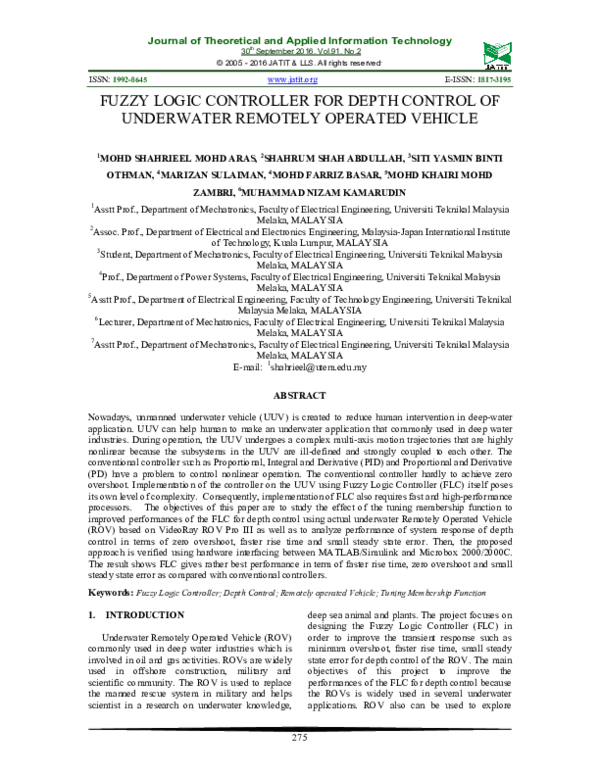 (PDF) Fuzzy Logic Controller For Depth Control Of Underwater Remotely Operated Vehicle