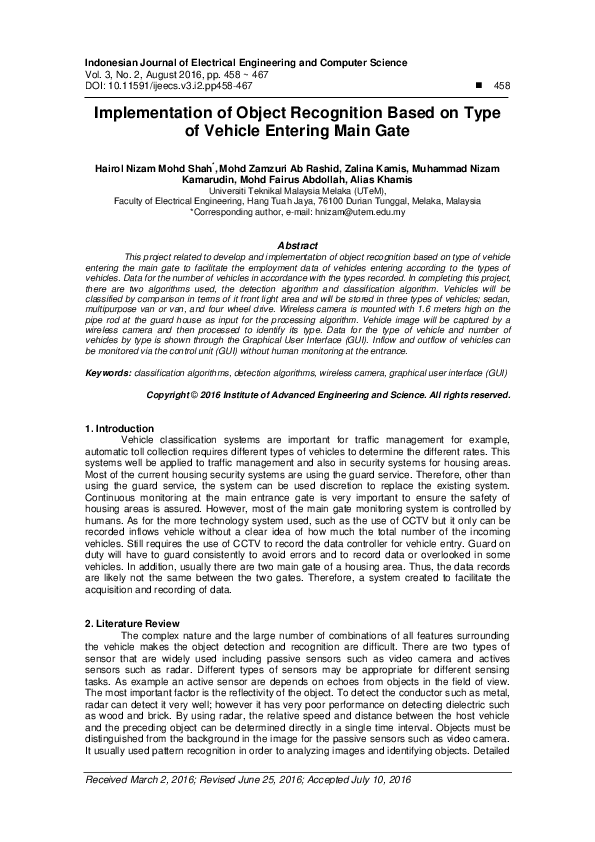 Pdf Implementation Of Object Recognition Based On Type Of Vehicle