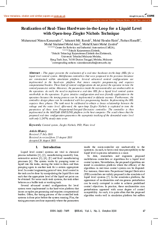 (PDF) Realization of Real-Time Hardware-in-the-Loop for a Liquid Level with Open-loop Ziegler ...